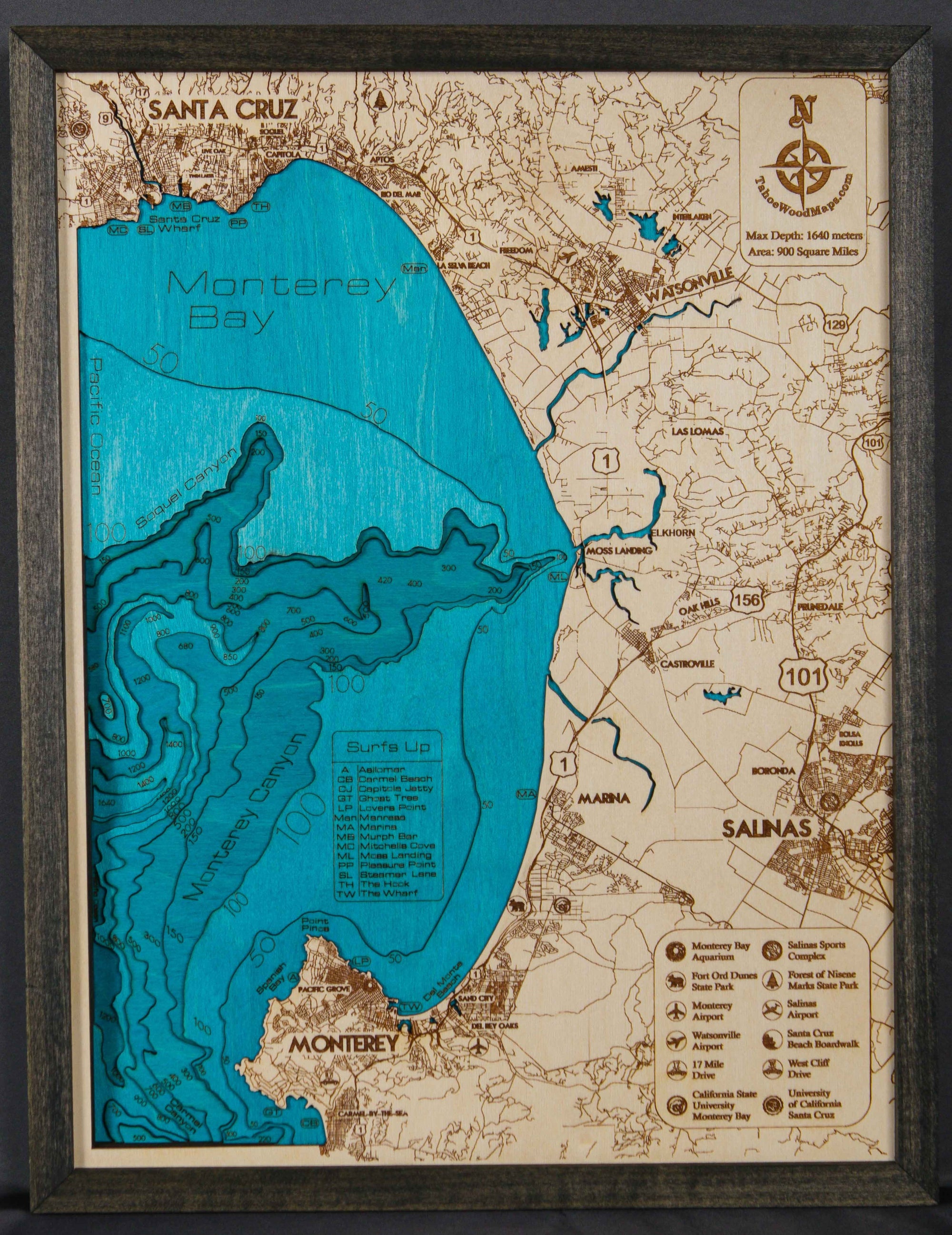 Monterey Bay 3D Wood Map – Tahoe Wood Maps