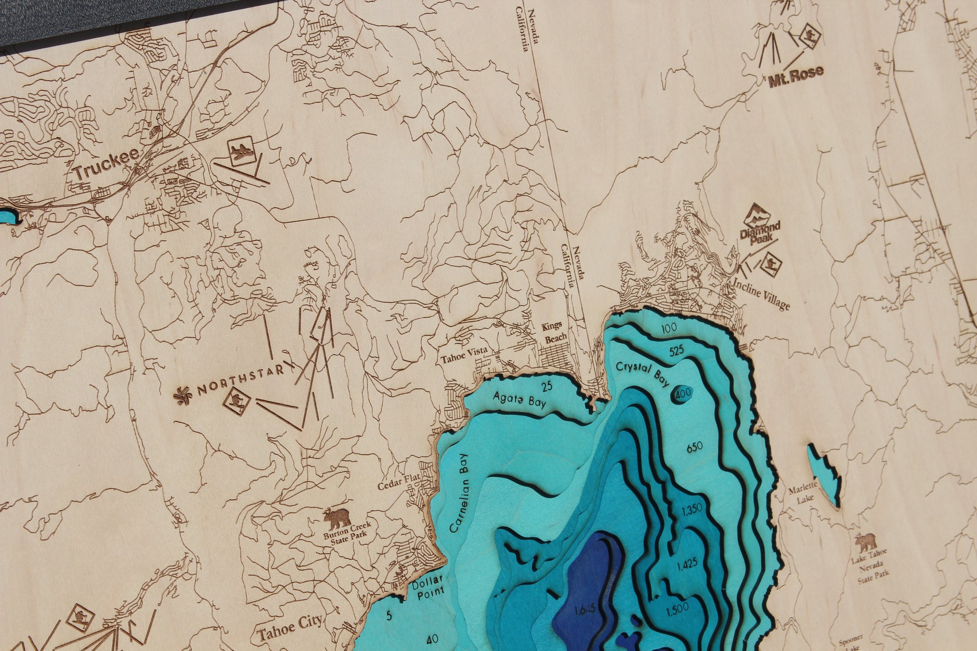 Lake Tahoe Large "Fade to Deep" 3D Wood Map – Tahoe Wood Maps