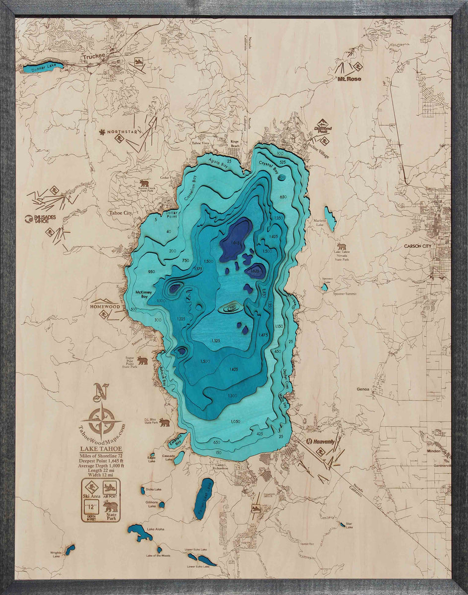 Lake Tahoe Large "Fade to Deep" 3D Wood Map – Tahoe Wood Maps