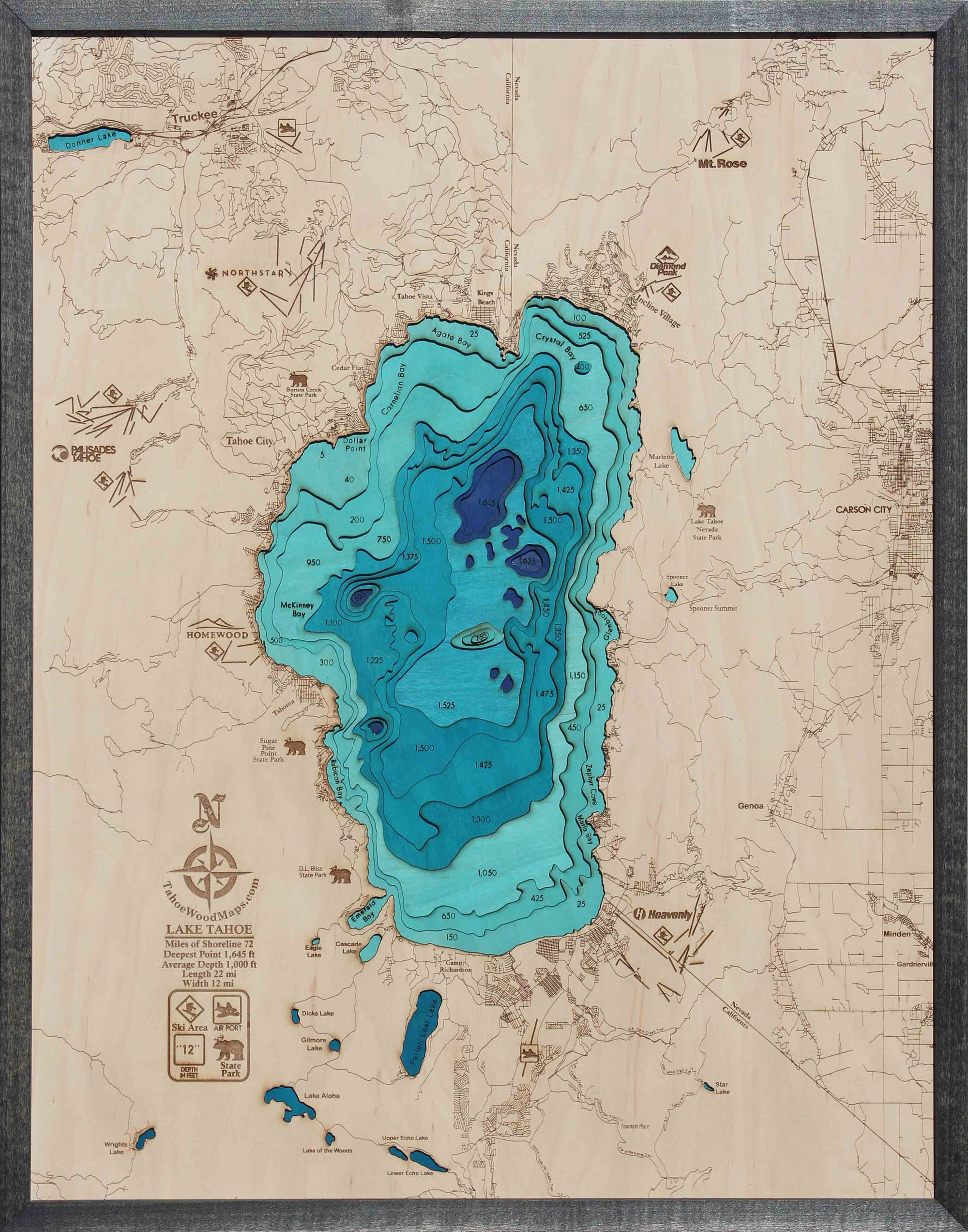 Lake Tahoe Large "Fade to Deep" 3D Wood Map – Tahoe Wood Maps