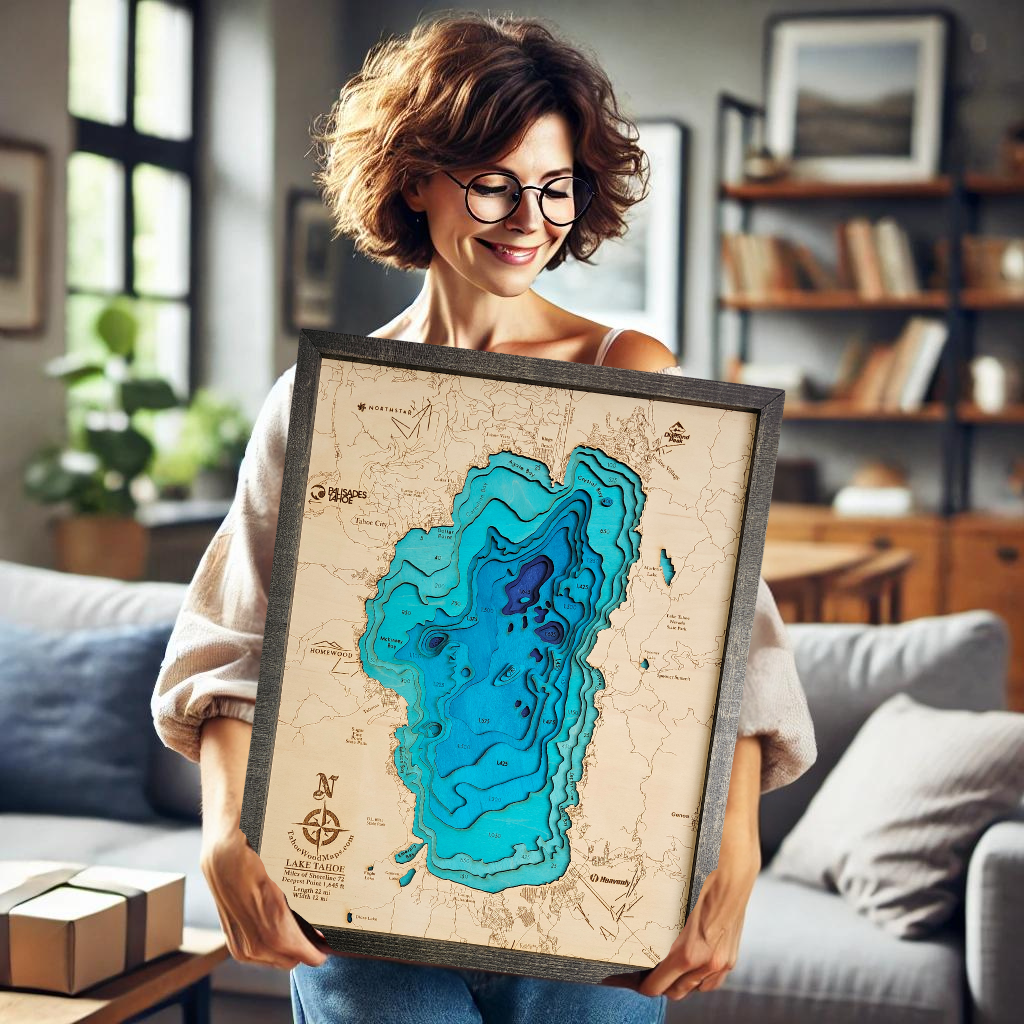 Lake Tahoe Medium "Fade to Deep" 3D Wood Map – Tahoe Wood Maps