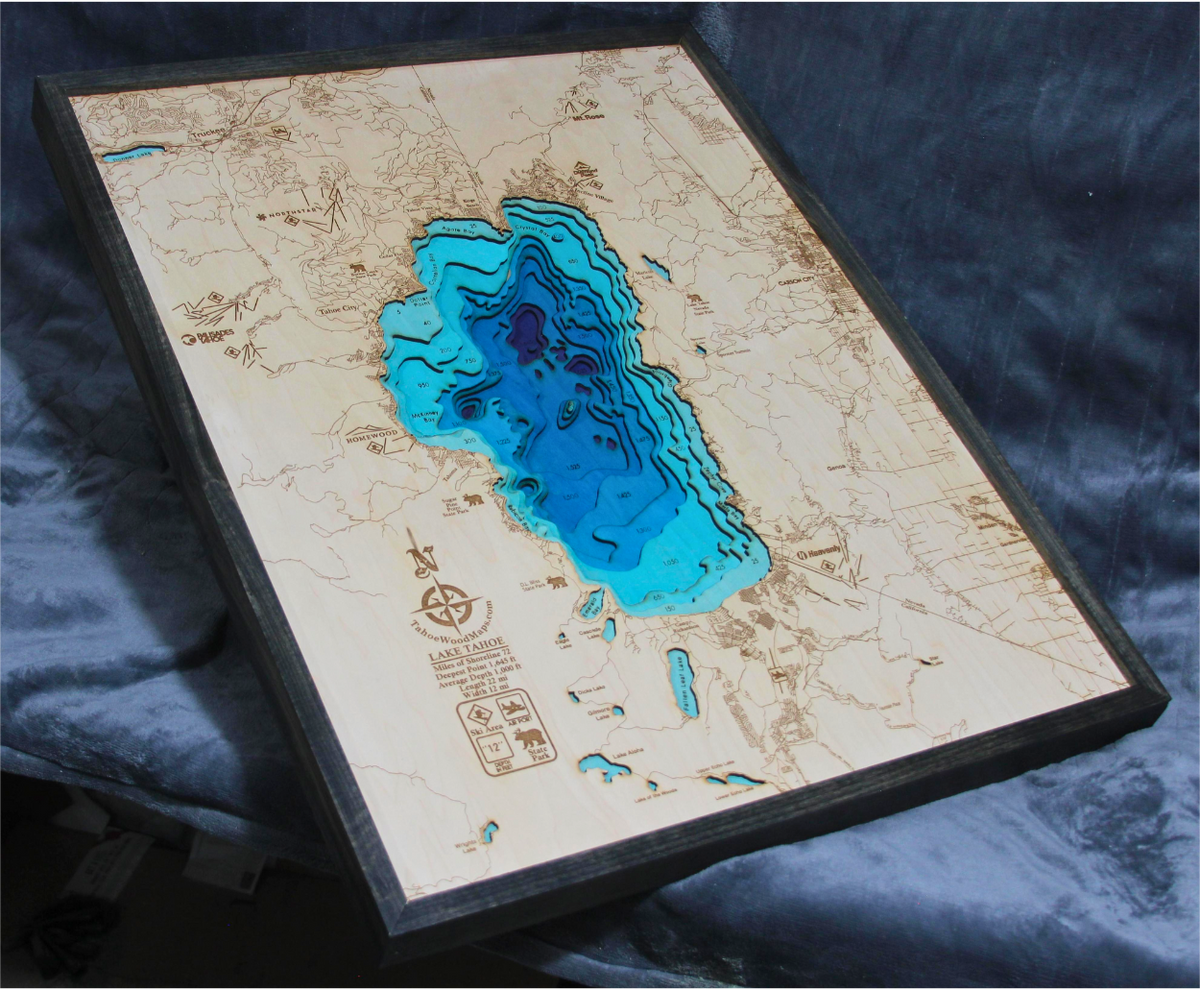 Lake Tahoe Large "Fade to Deep" 3D Wood Map – Tahoe Wood Maps