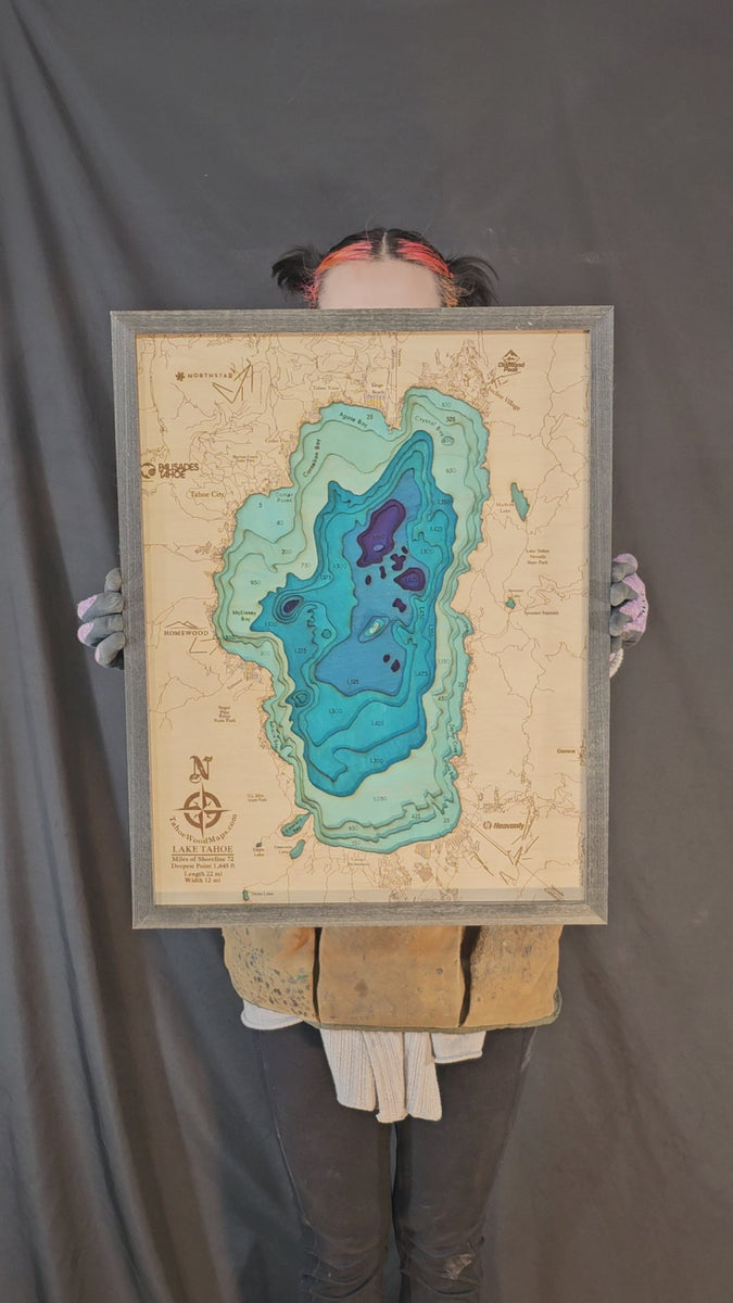 Lake Tahoe Medium "Fade to Deep" 3D Wood Map – Tahoe Wood Maps