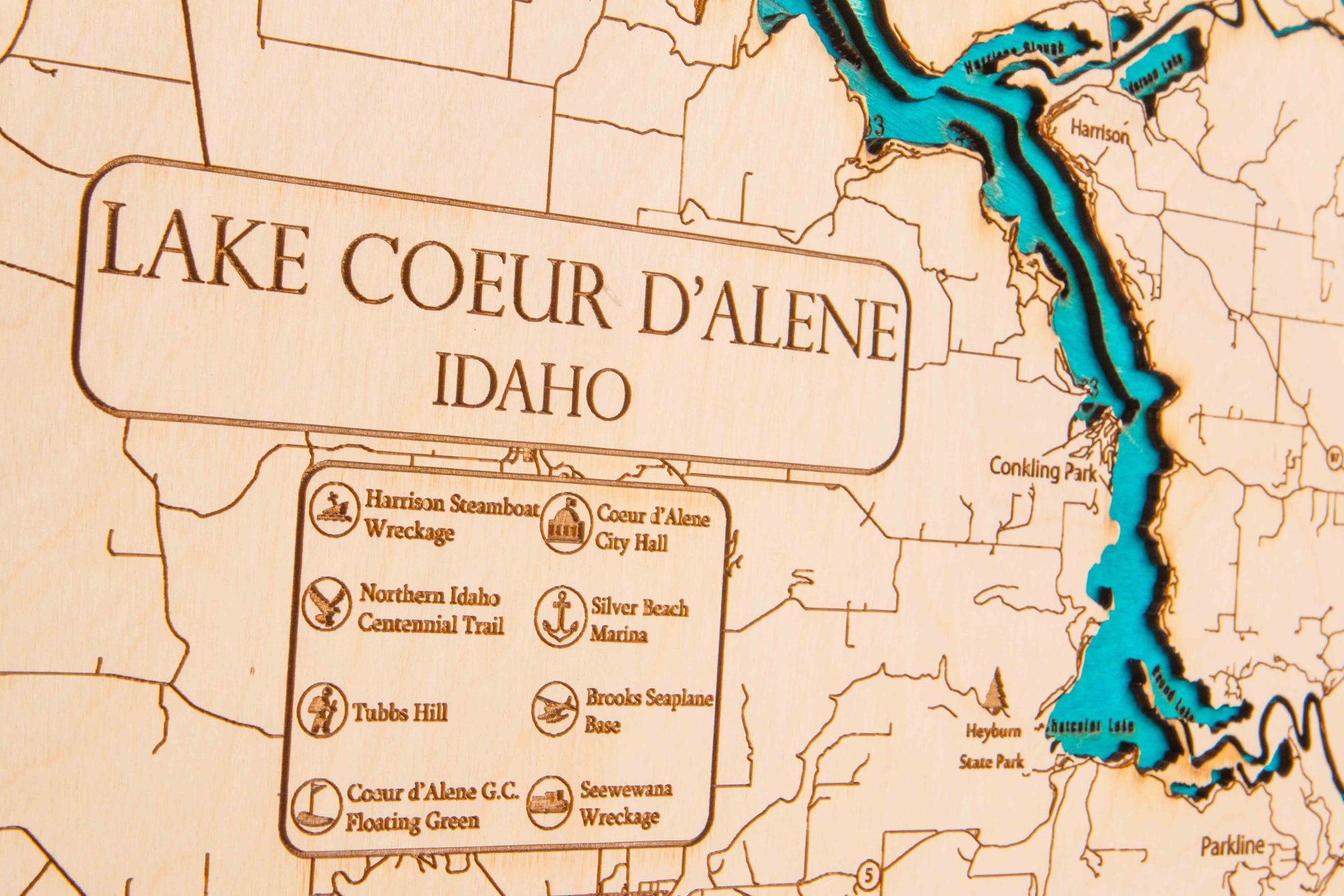 Large Coeur D' Alene 3D Wood Map – Tahoe Wood Maps
