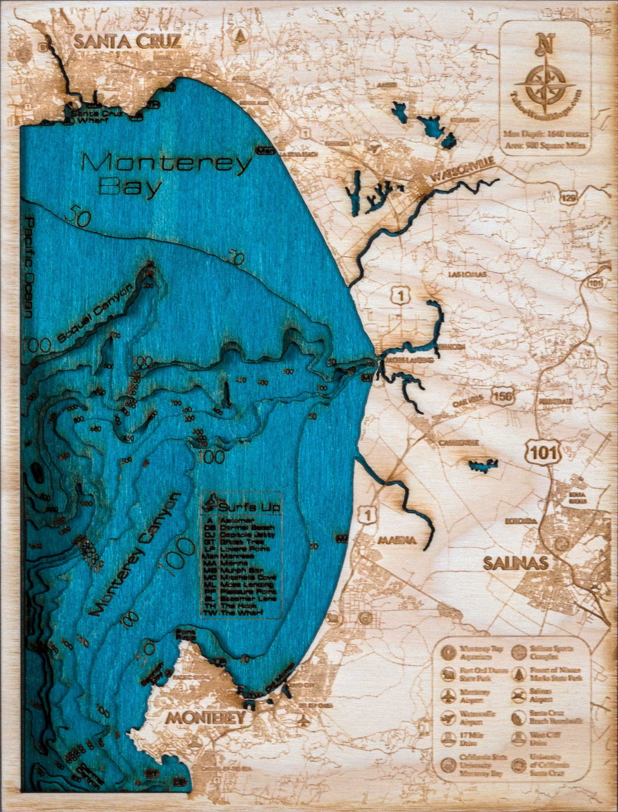 Mini Monterey Bay 3D Wood Map – Tahoe Wood Maps